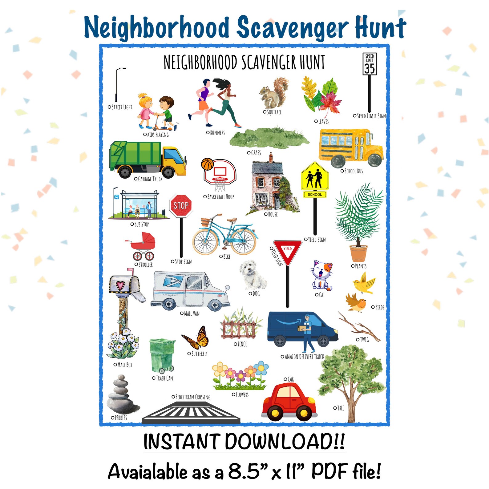 Neighborhood Scavenger Hunt | Kids Outdoor Activity | PRINTABLE Game ...