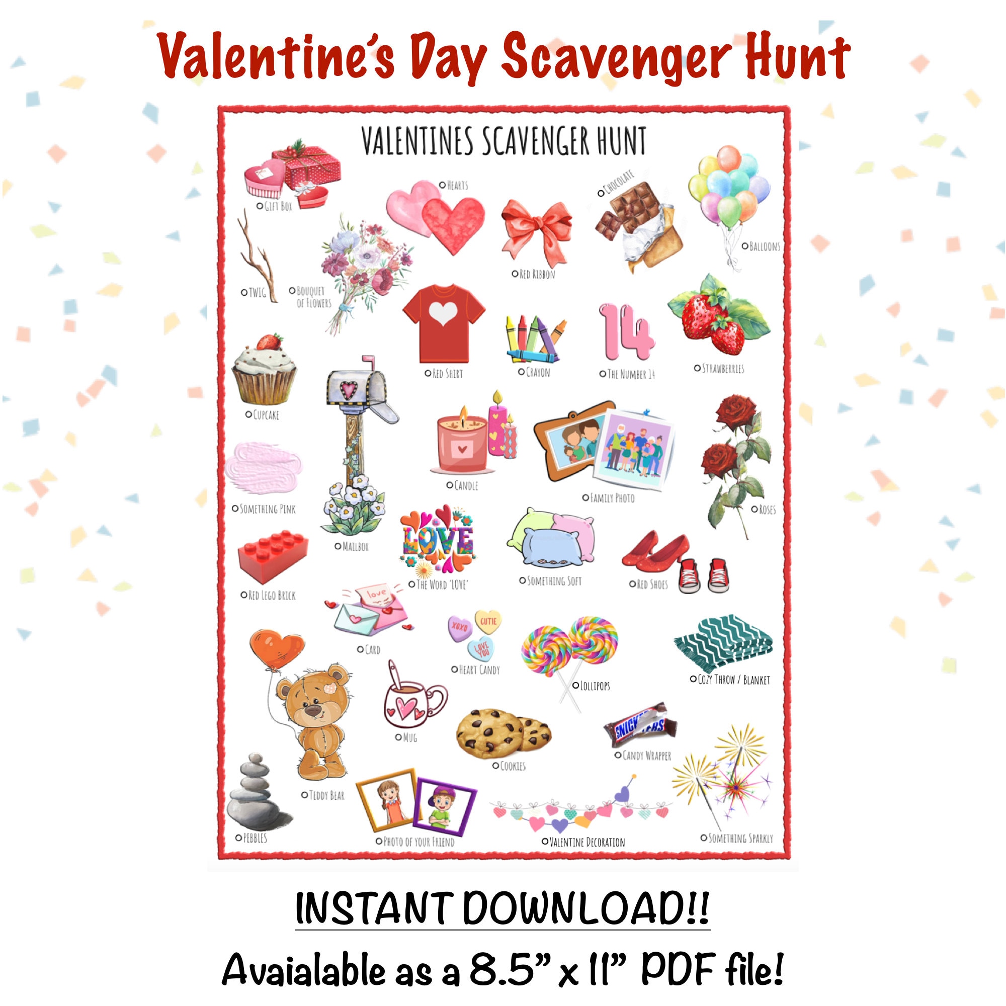 Valentine's Day Scavenger Hunt Printable, Friendship Themed, US Letter ...