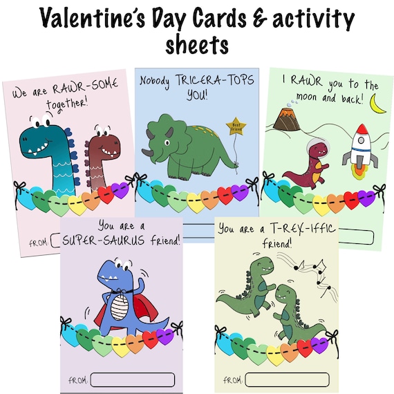 Kids Valentine Cards Friendship Dinosaurs Classroom - Etsy