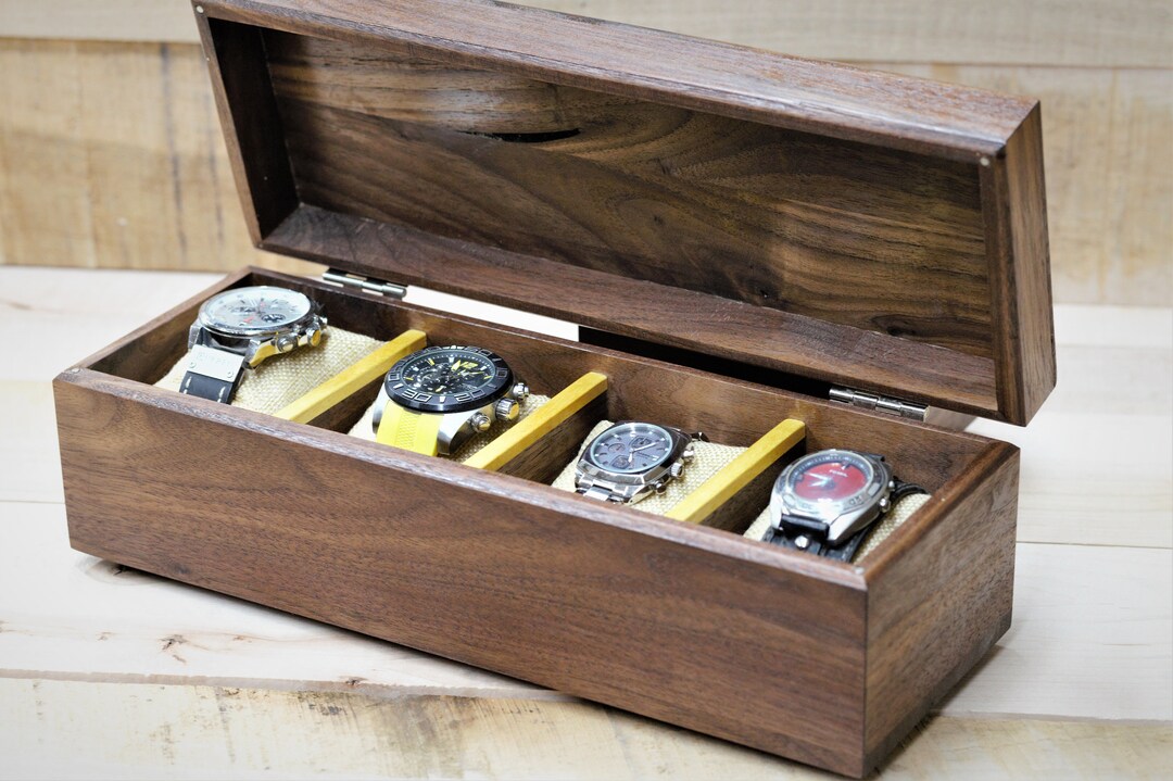 Personalized Watch Box, Rustic Walnut and Yellow Heart Inlays - Etsy