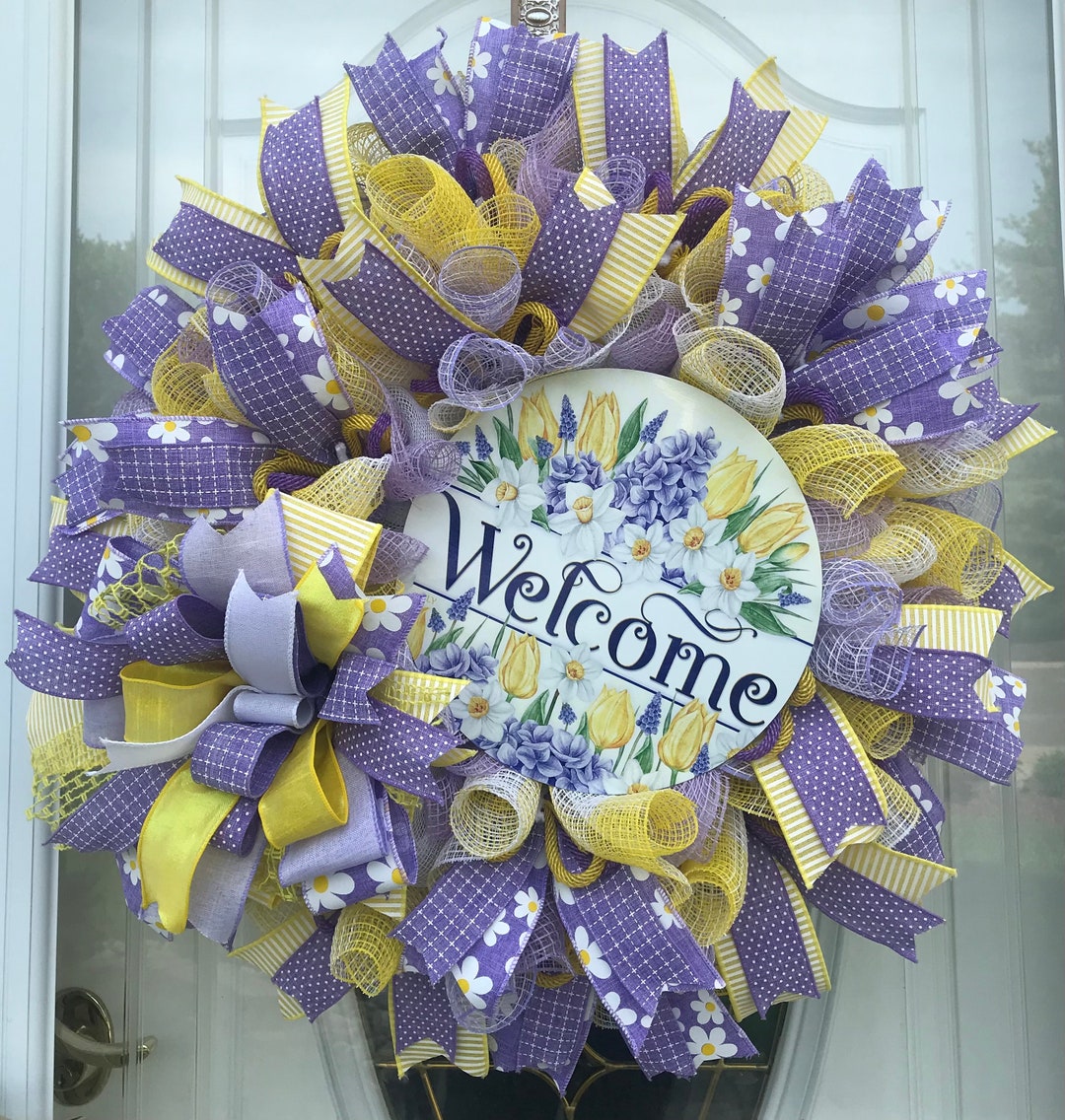 Spring Summer Hanging Welcome Mesh Wreath | Purple Yellow Floral ...