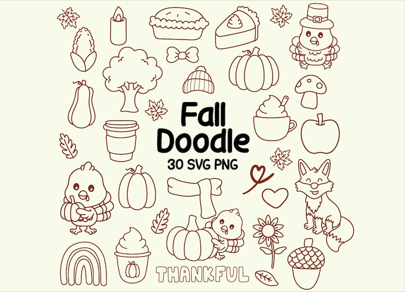 Fall Doodle PNG SVG Bundle, Cute Outline Clipart, Kawaii Autumn ...