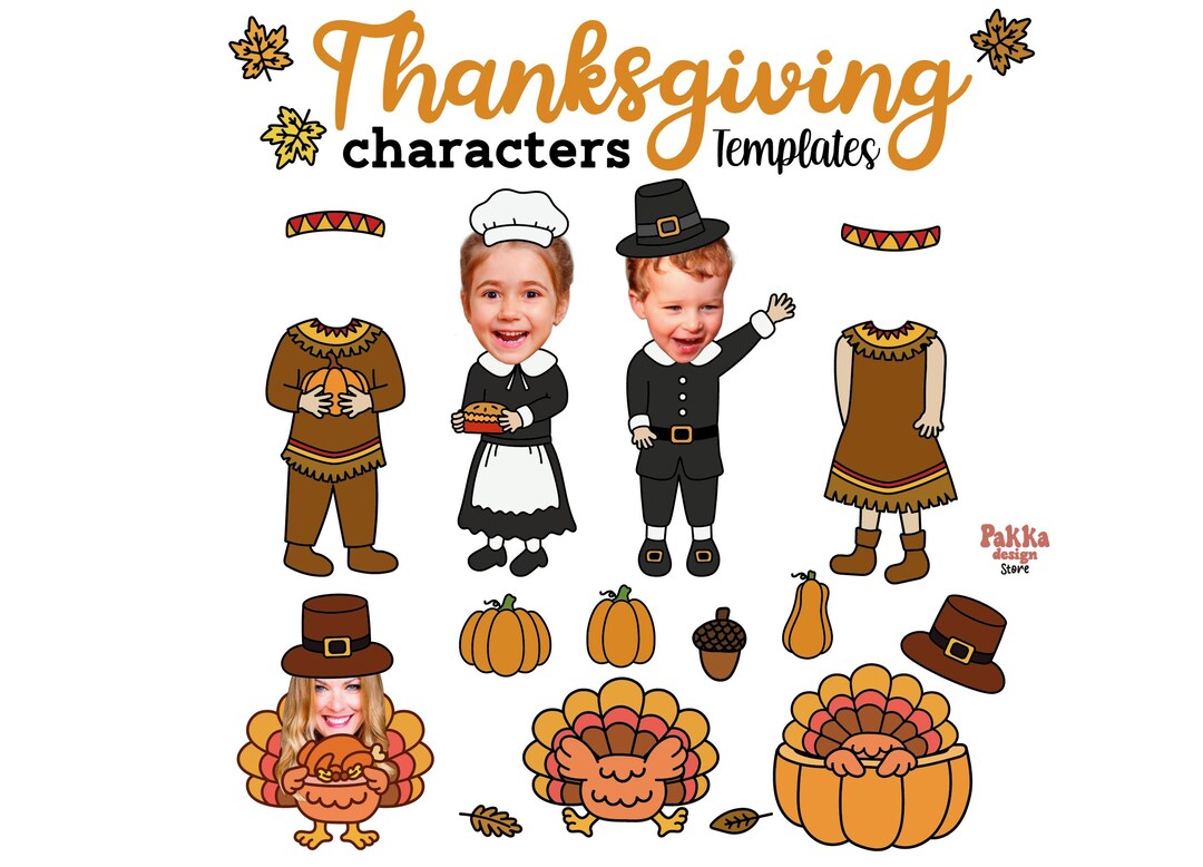 Add Your Photo Thanksgiving Characters Frames, Pilgrim, Indian, Turkey ...
