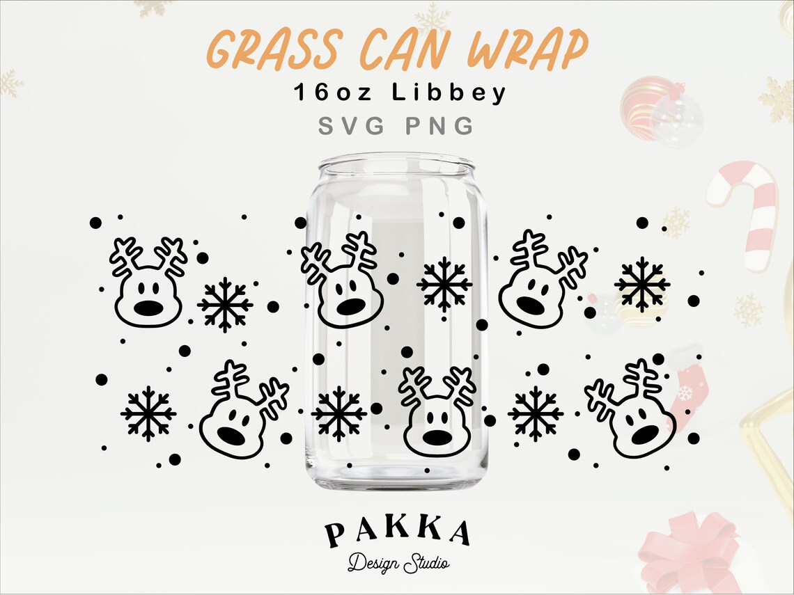 Reindeer and Snowflake Glass Can Wrap Svg, 16oz Christmas Deer Snow ...