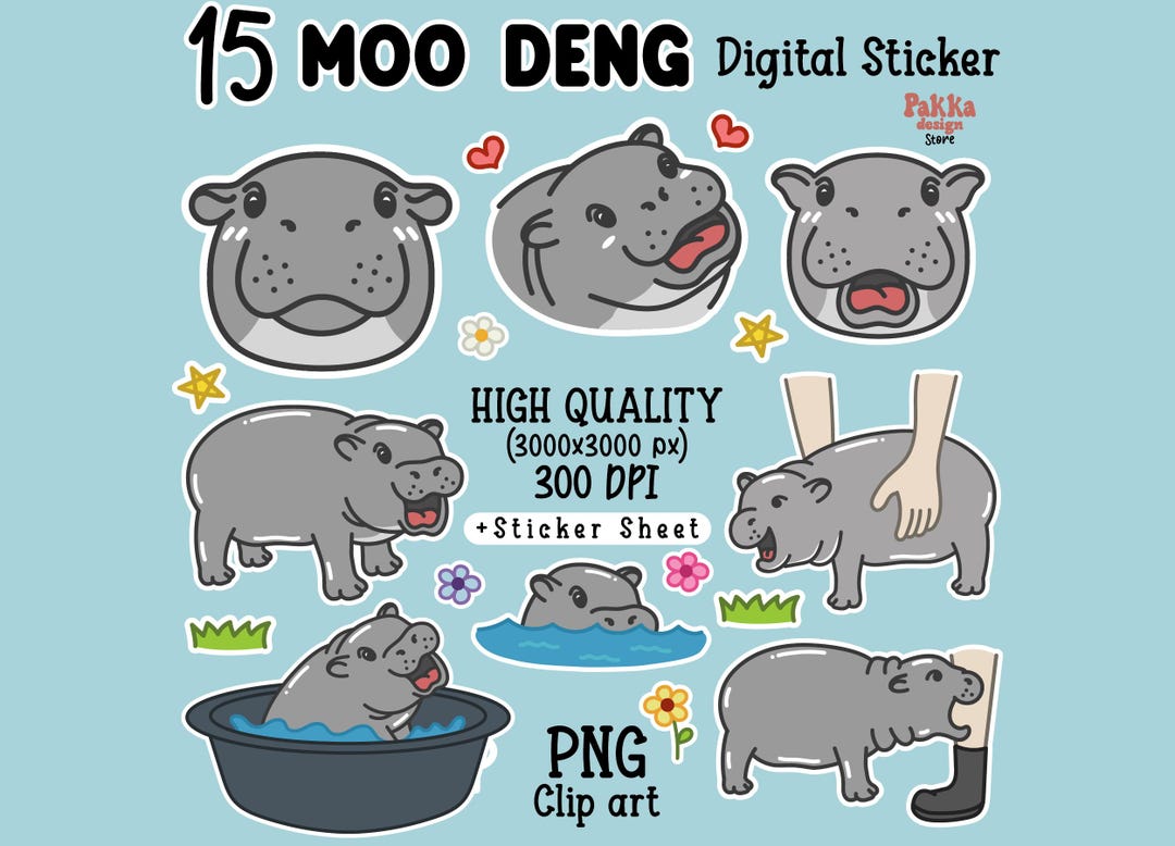 Pygmy Hippo Moo Deng Sticker Bundle,printable Sticker Sheet,cute Baby ...
