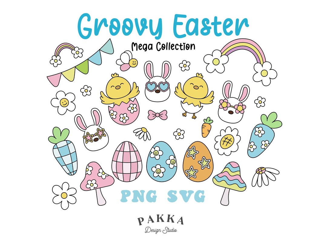 Groovy Easter Clipart,easter Egg,baby Chick,mushroom,carrot,retro ...