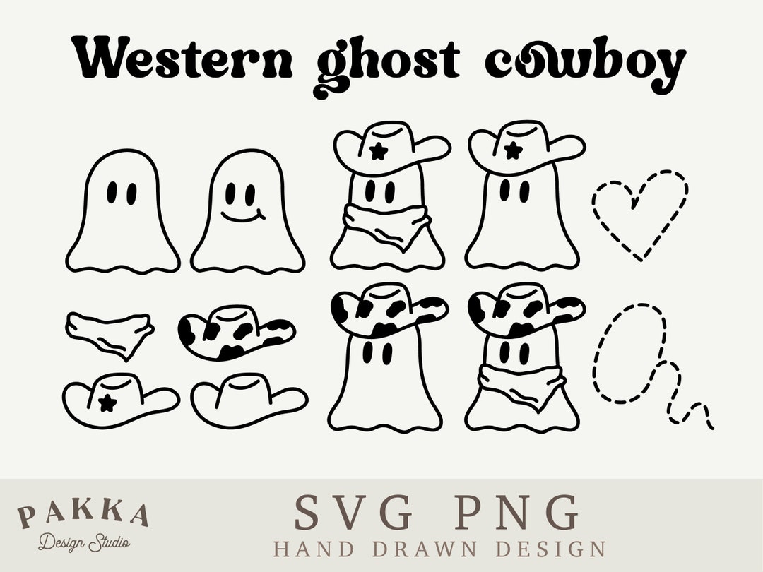 Cute Western Ghost Cowboy Bundle Svg, Outline Cricut Cut File and Png ...