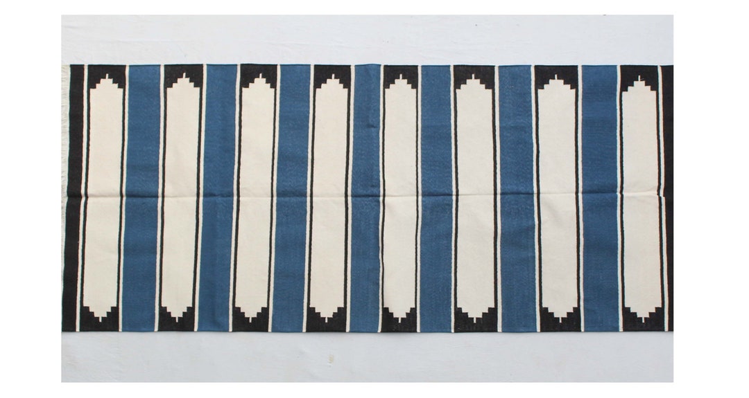 Multi Size Blue and off White, Black Modern Striped Cotton Flat Weave Runner Rug- Reversible ...
