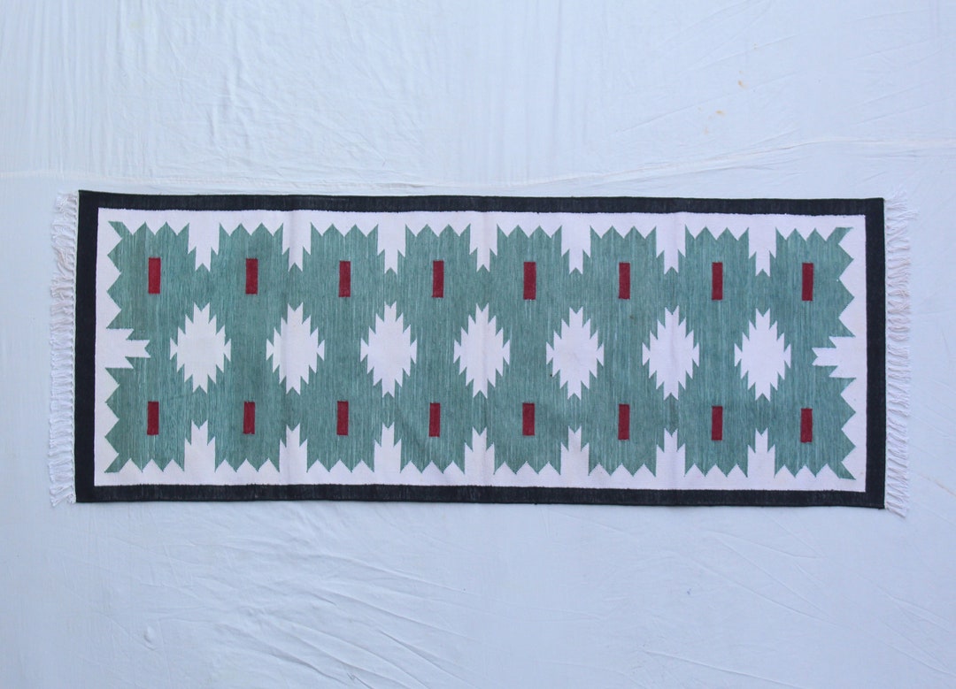 Multiple Sizes Cotton Green Modern Hand Woven Runner Rug- Flat Woven ...