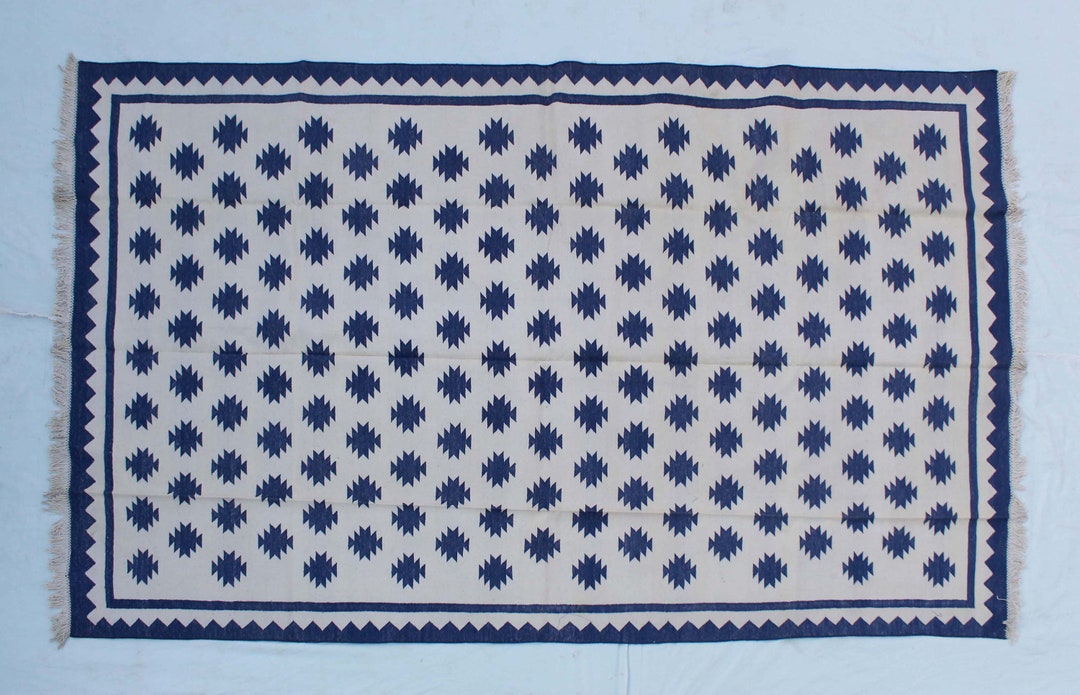 Multiple Sizes Cotton Multiple Sizes Blue and White Runner Rug - Flat ...