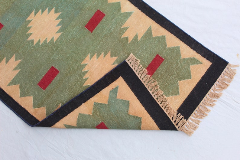 Multiple Sizes Cotton Green and Golden Yellow Modern Hand Woven Runner ...