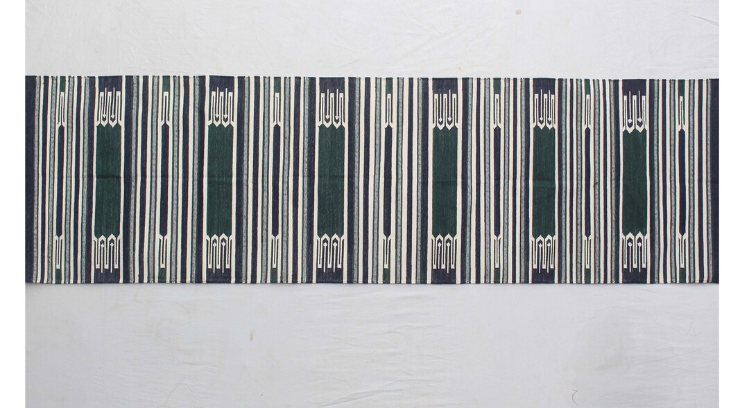 Multiple Sizes Cotton Modern Dark Green , Black and White Hand Woven Runner Rug- Flat Woven ...
