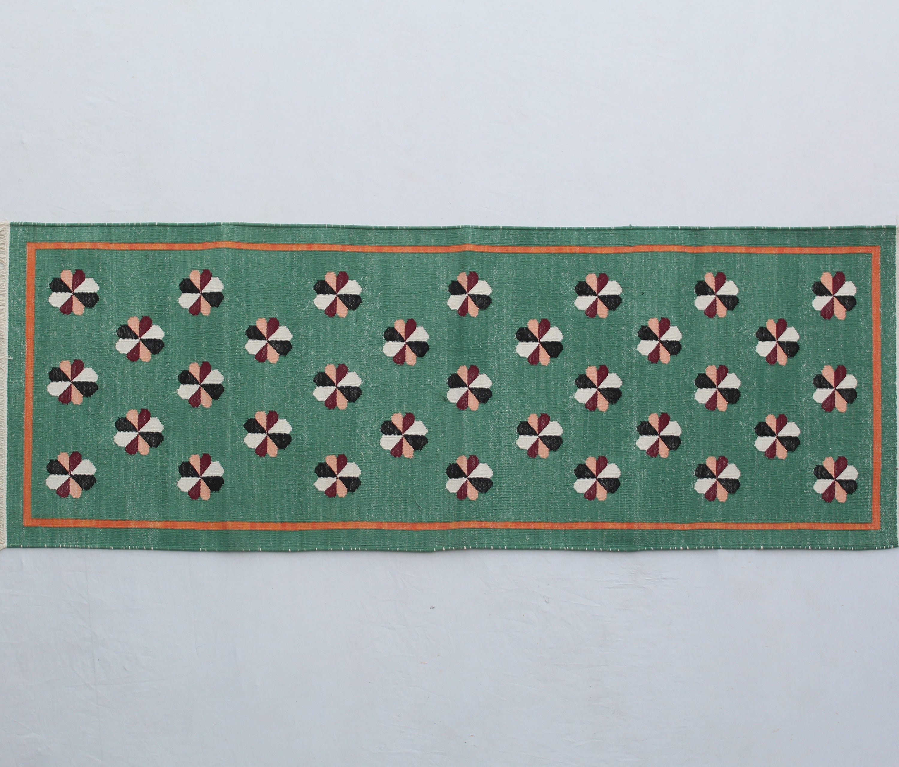 Multiple Sizes Cotton Green Modern Flowers Design Hand Woven Runner Rug ...