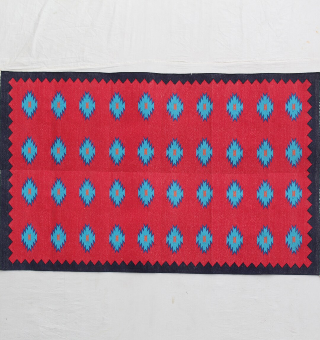 Multiple Sizes Red and Blue With Dark Blue Border Handmade Rug- Hand ...