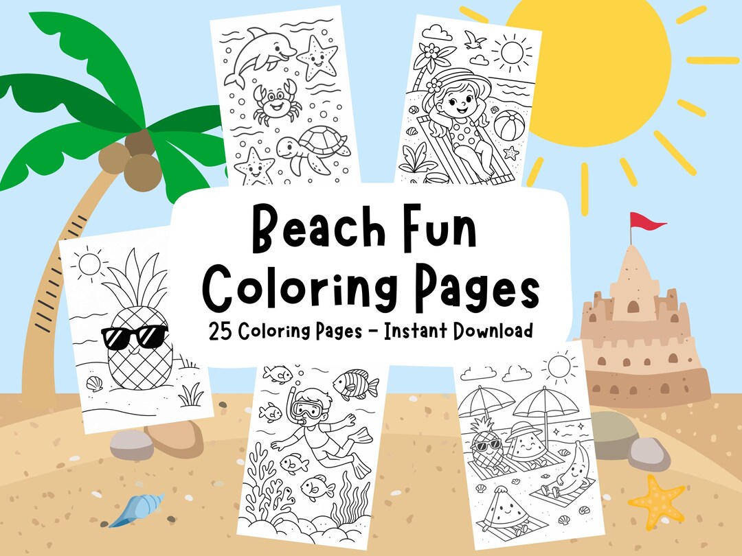 Beach Fun Coloring Pages, Beach Coloring Book for Kids, Summer Coloring ...