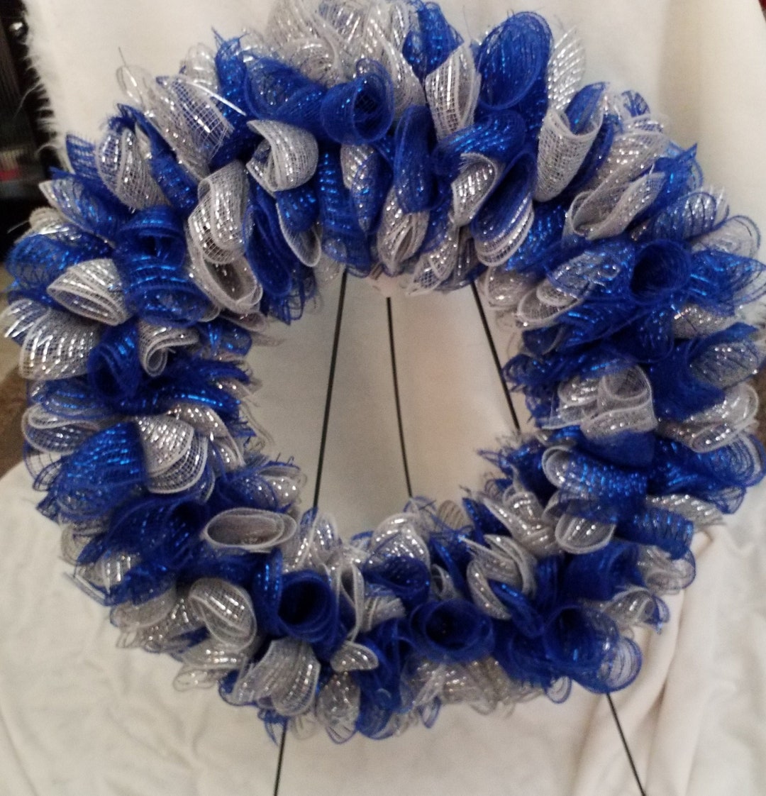 21" Wide Blue and Silver Deco Mesh Wreath - Etsy