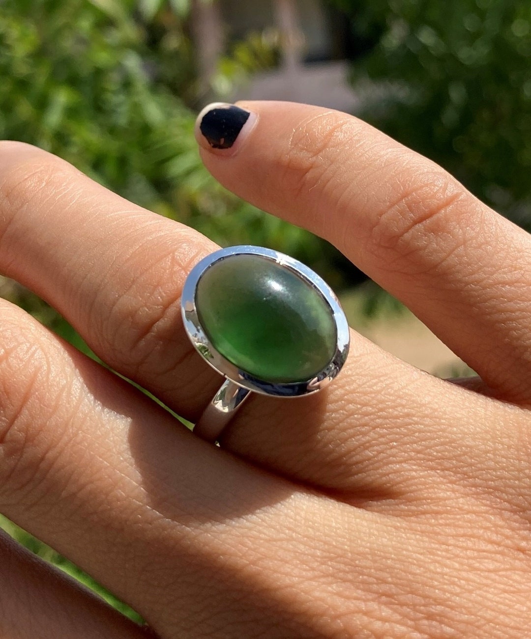 Natural Serpentine Adjustable Ring in Sterling Silver, Green Stone Ring, Handmade Ring, Healing ...