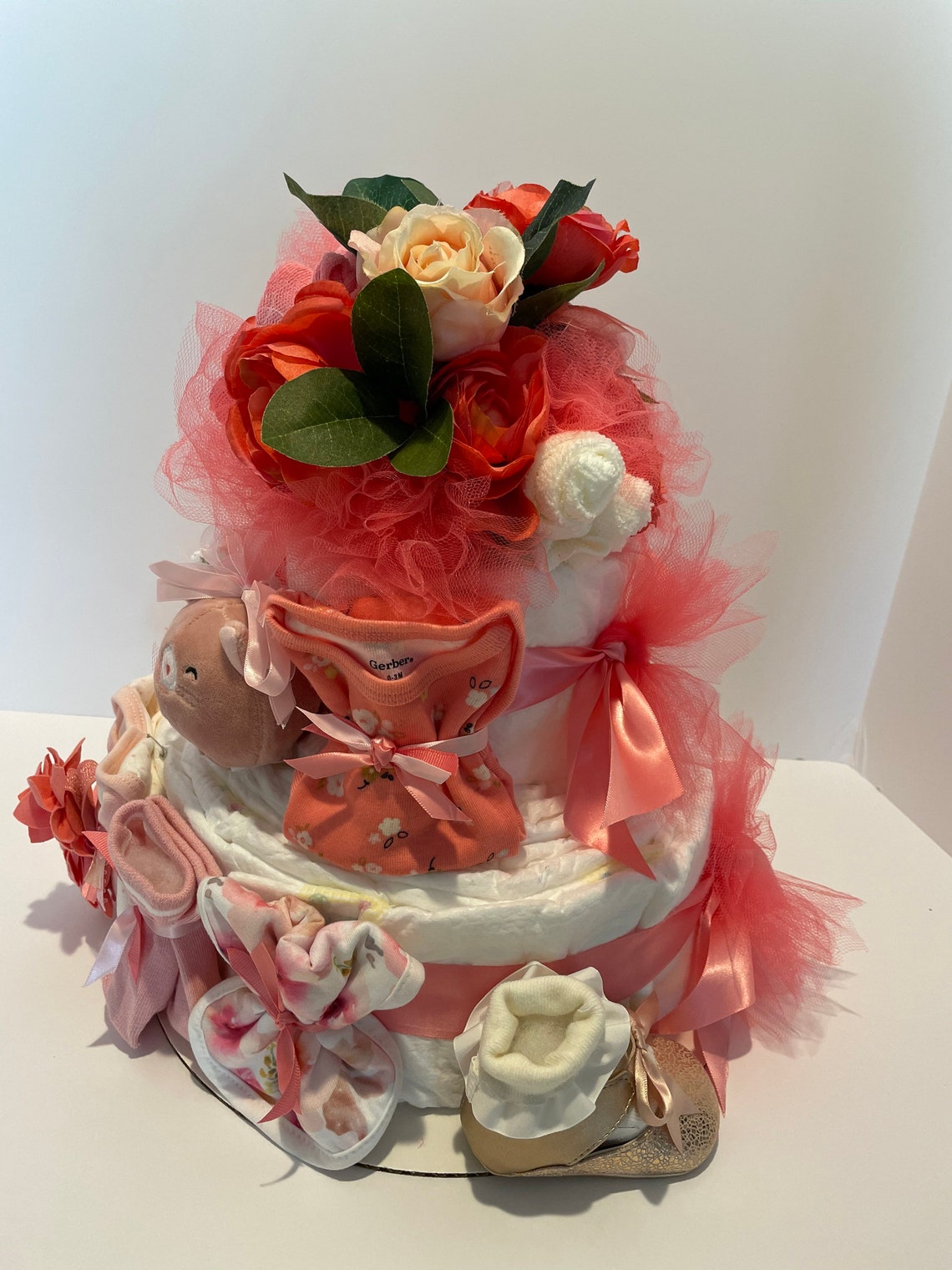 Coral Pink Diaper Cake, Floral Diaper Cake, Custom Diaper Cake, Girl ...