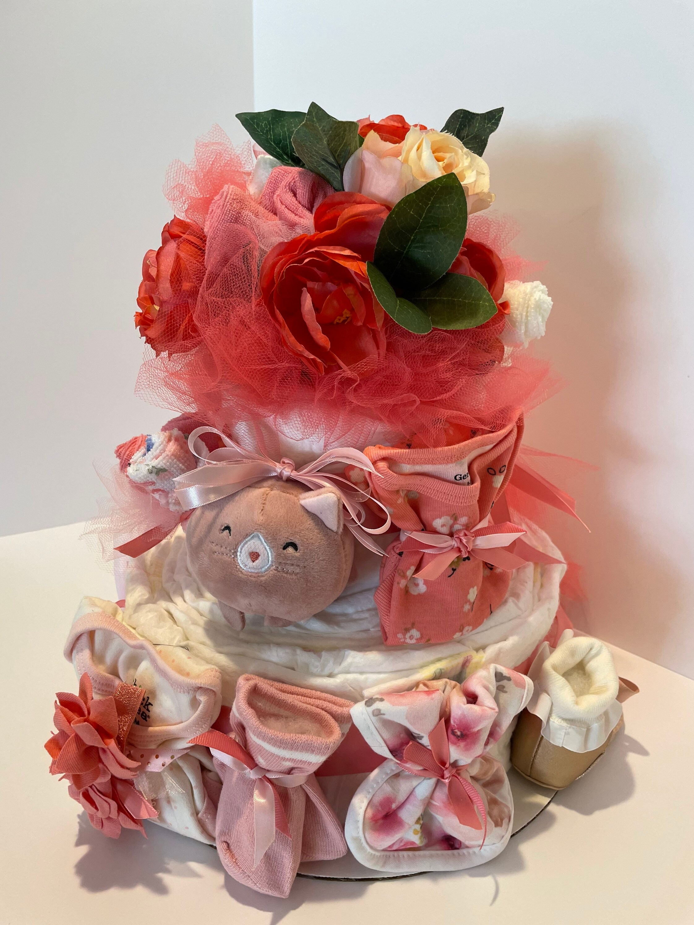 Coral Pink Diaper Cake, Floral Diaper Cake, Custom Diaper Cake, Girl ...