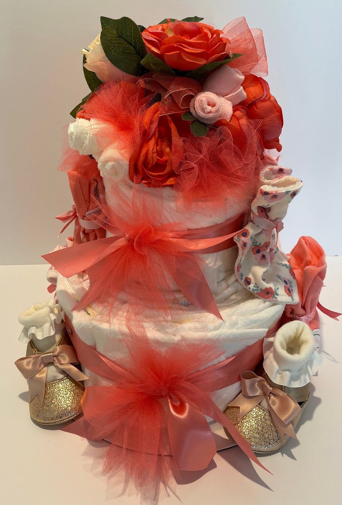 Coral Pink Diaper Cake, Floral Diaper Cake, Custom Diaper Cake, Girl ...