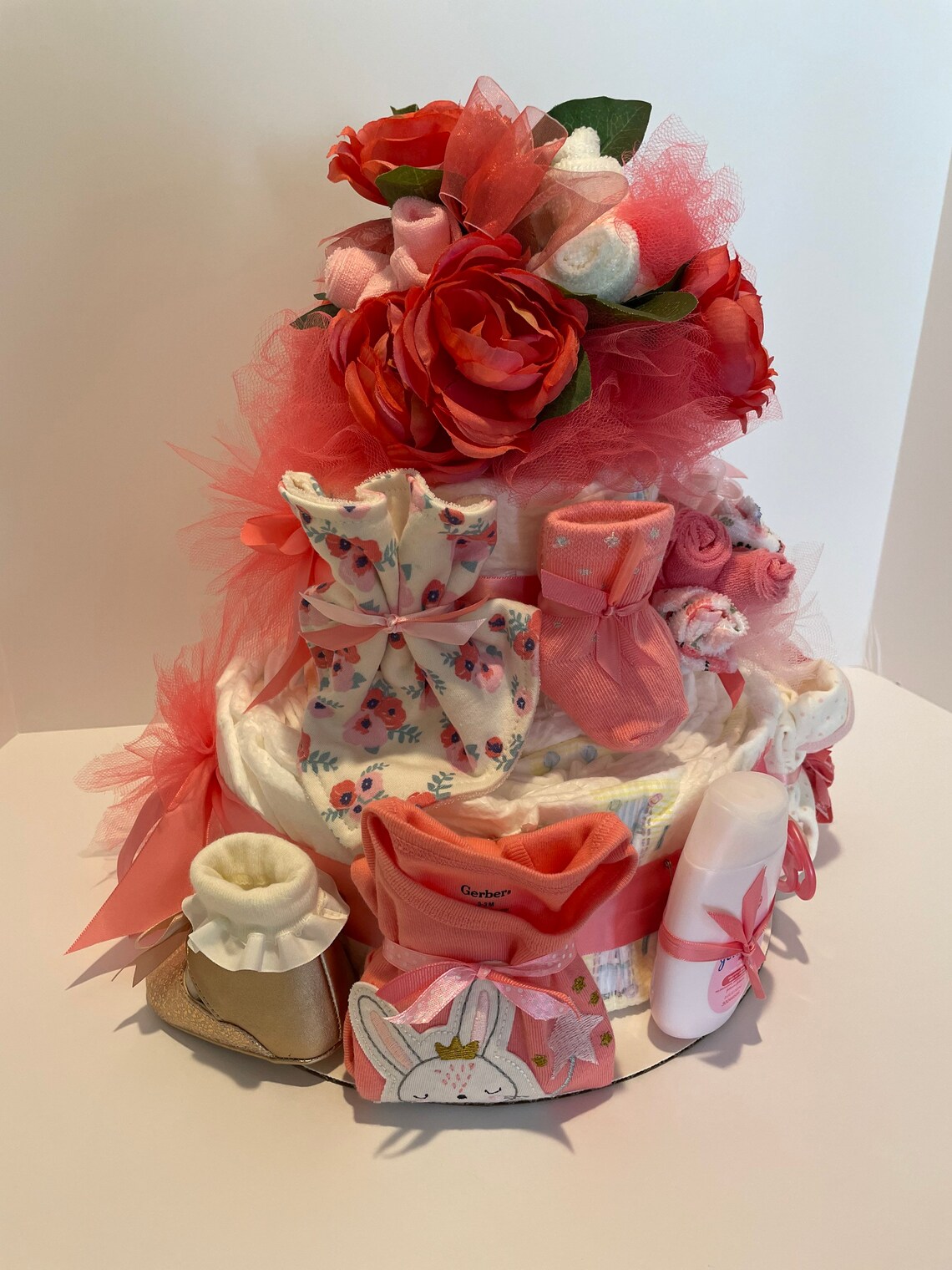Coral Pink Diaper Cake, Floral Diaper Cake, Custom Diaper Cake, Girl ...