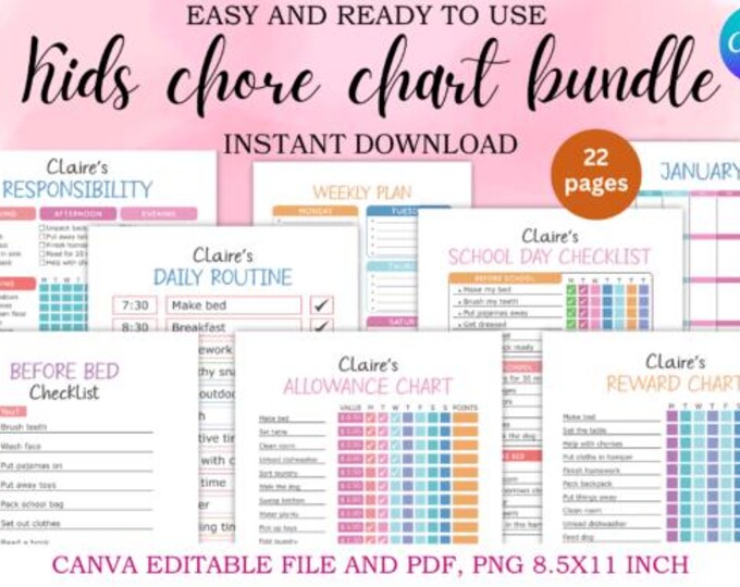 Editable Kids Chore Charts, Behavior, School Routine, Daily Checklist ...