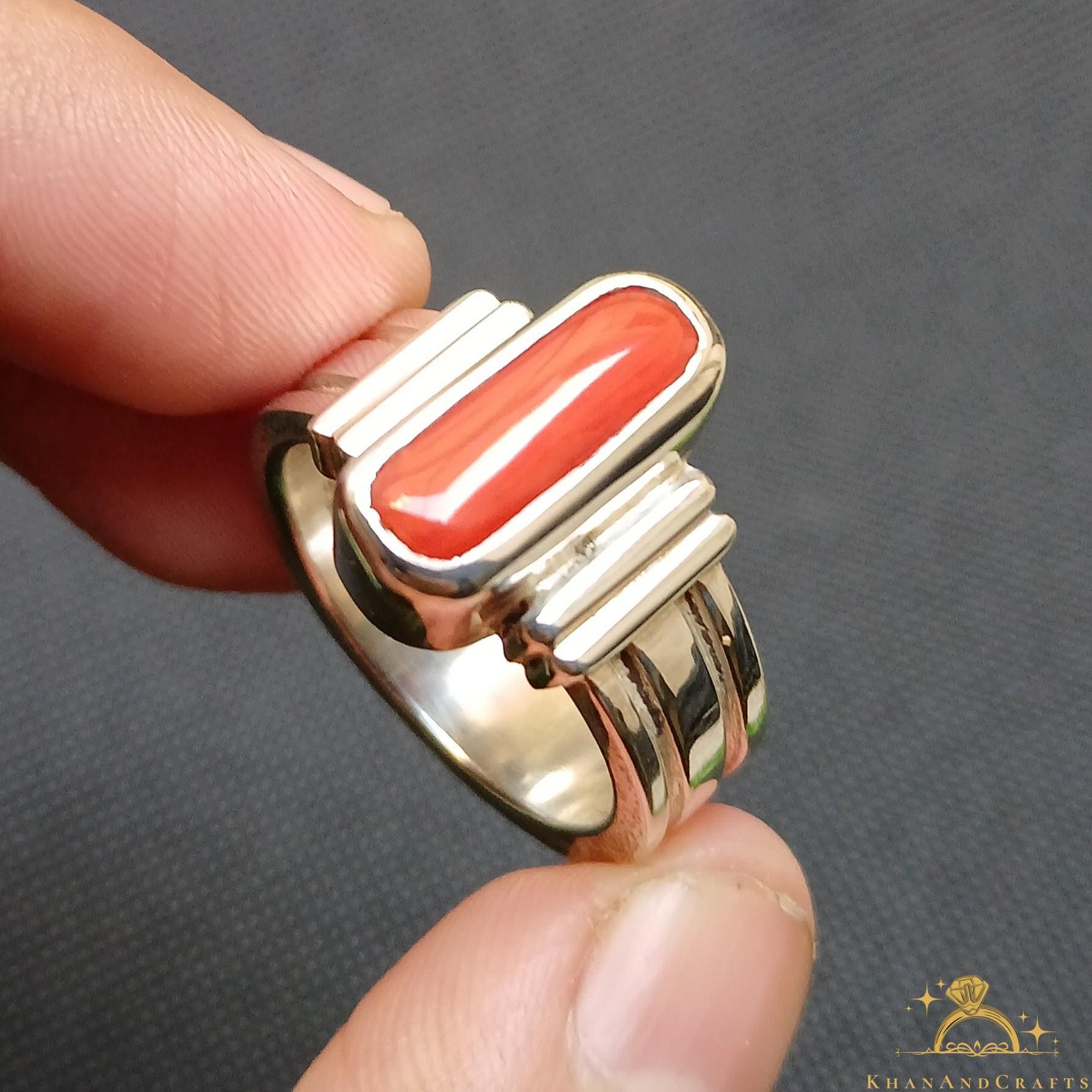 Natural Red Coral Stone Ring Handmade 925 Sterling Silver Rare Marjan Gemstone Ring Moonga Coral ...