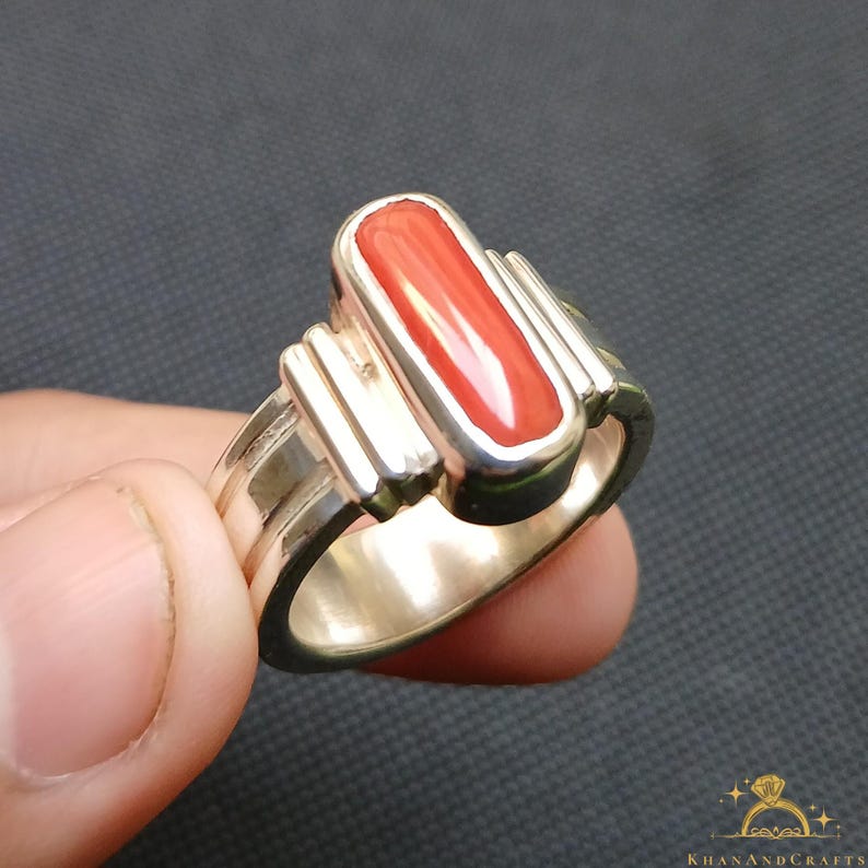 Natural Red Coral Stone Ring Handmade 925 Sterling Silver Rare Marjan ...