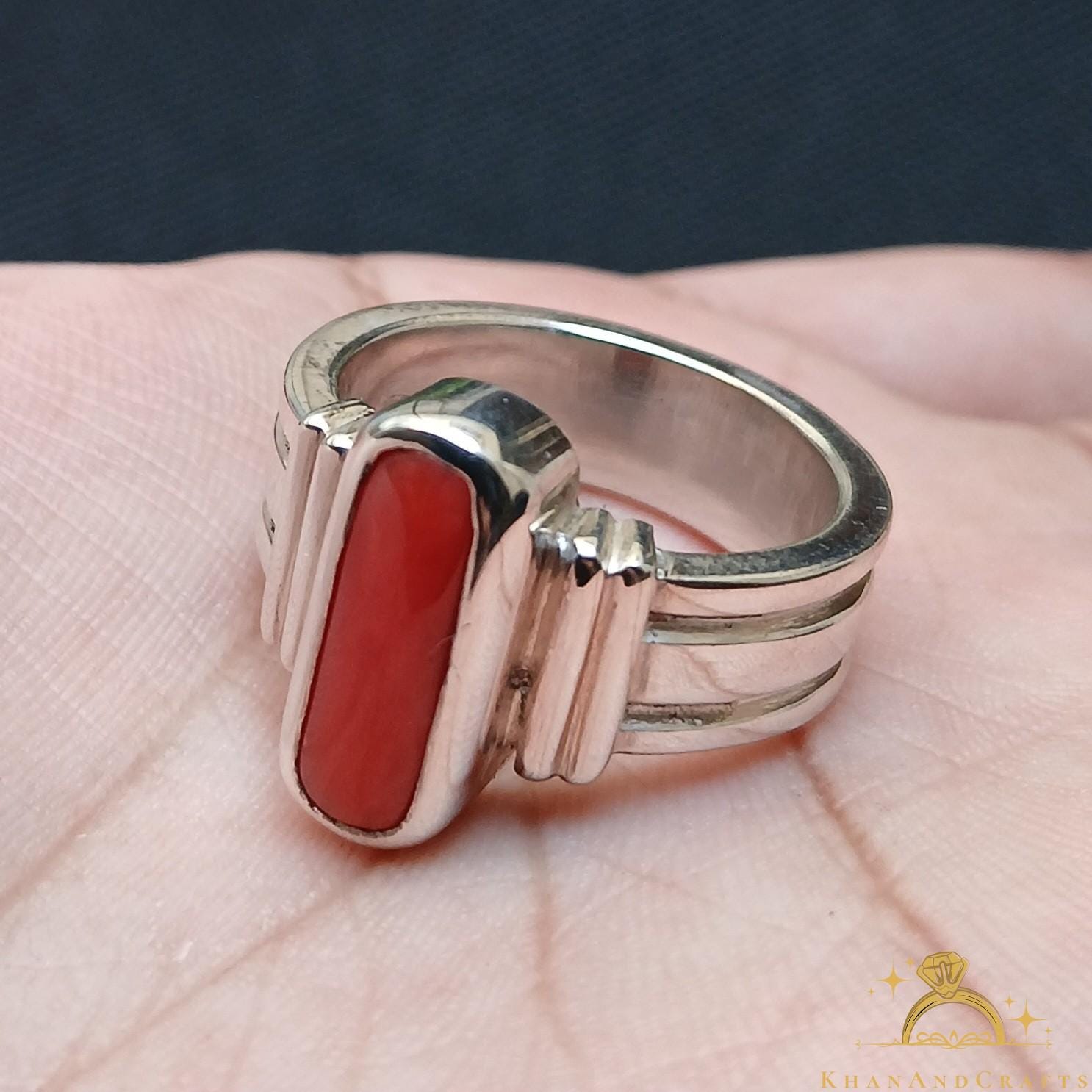 Natural Red Coral Stone Ring Handmade 925 Sterling Silver Rare Marjan Gemstone Ring Moonga Coral ...