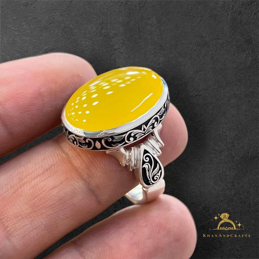 Natural Yellow Yemeni Aqeeq Ring for Men – Sharf Al Shams Agate ...