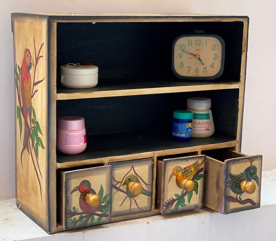 Hand Painted Wooden Cabinet: Indian Parrot Bird Drawers, Display ...