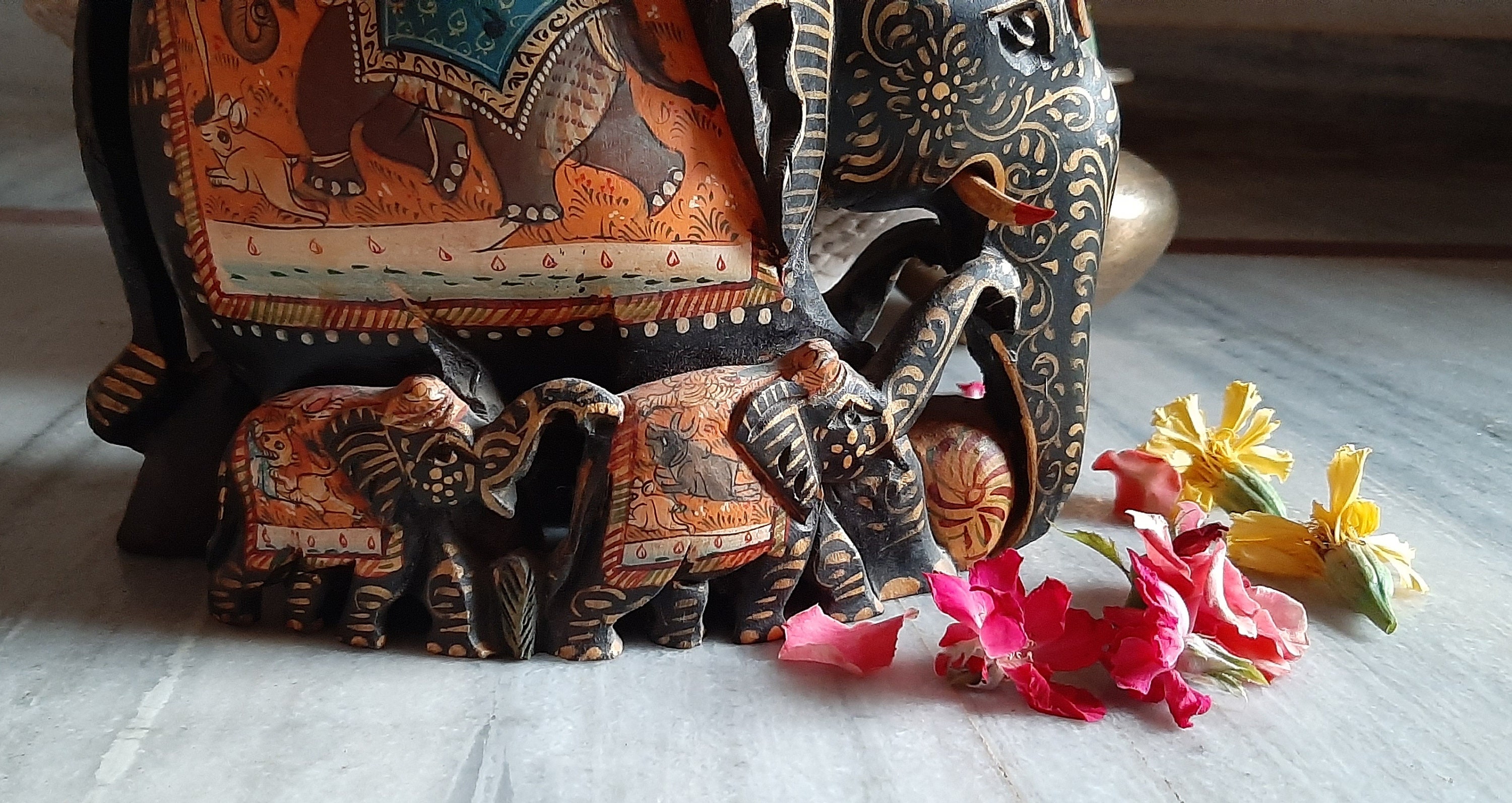 Wooden Elephant Statue/hand Painted Elephant Family - Etsy