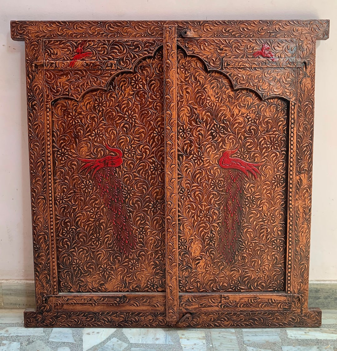 Vintage Wooden Window/embossed Peacock Painted Jharokha/indian Panel ...