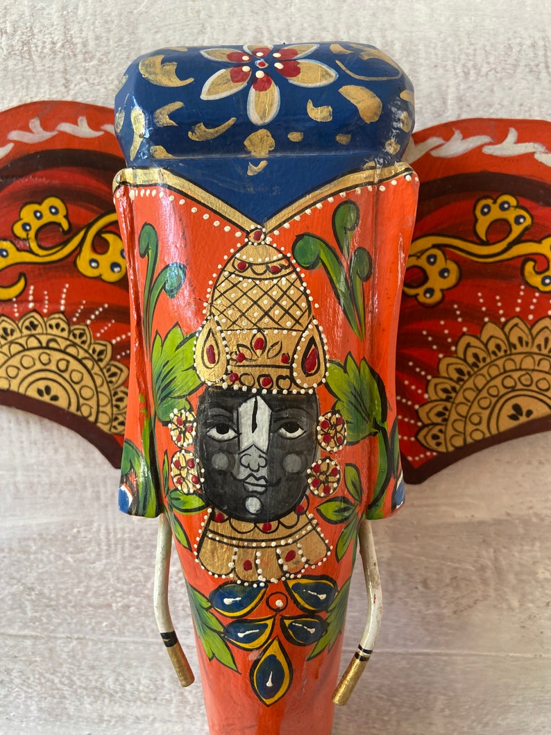 Hand Painted Wooden Elephant Mask: Shrinathji Pichwai Art Wall Hanging ...