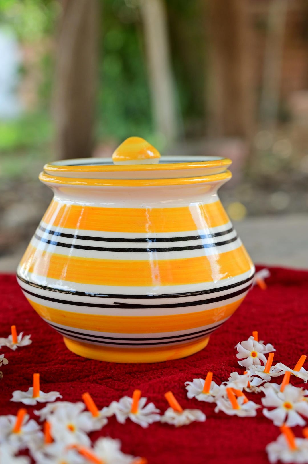 Handcrafted Yellow Striped Ceramic Pickle Jar With Lid - Kitchen ...