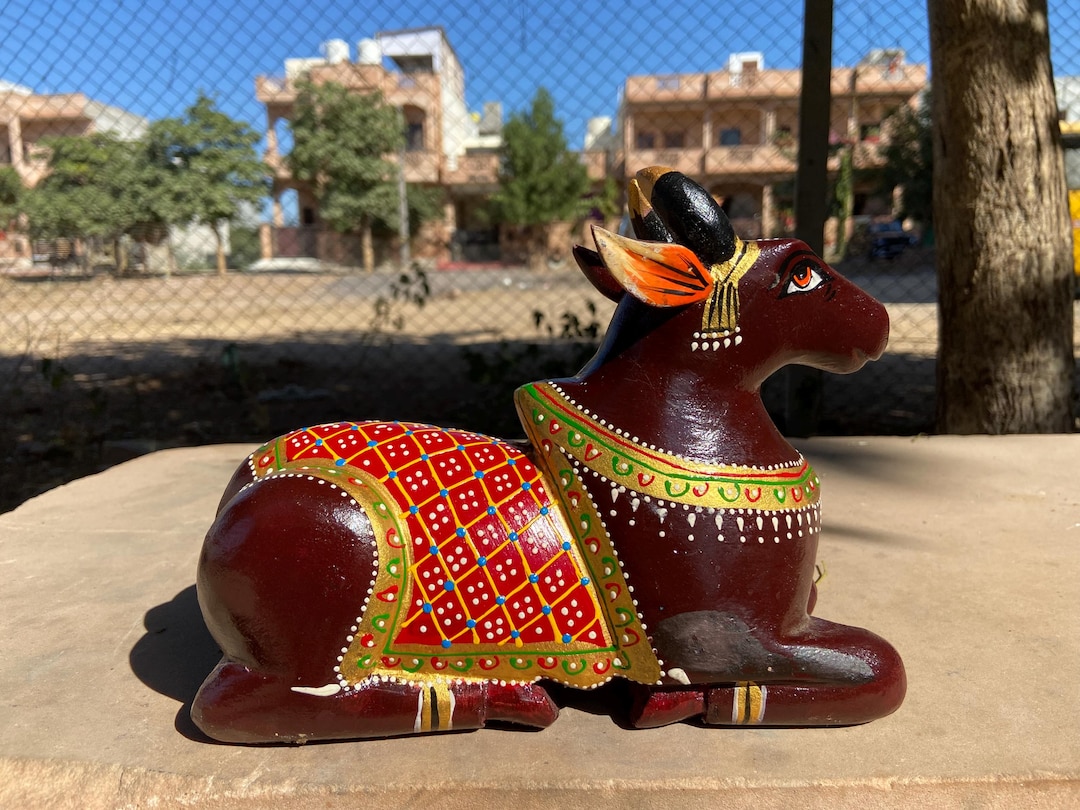 Hand-painted Wooden Nandi Bull Statue: Indian Religious Decor - Etsy