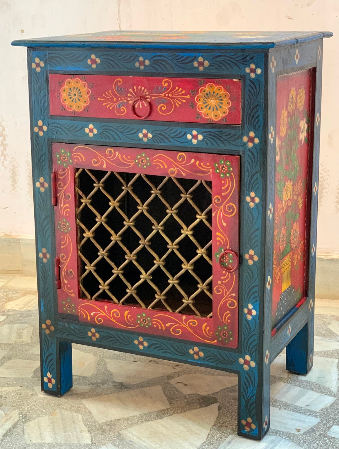 Vintage Floral Painted Wooden Bedside Table/handcrafted Wooden Cabinet ...