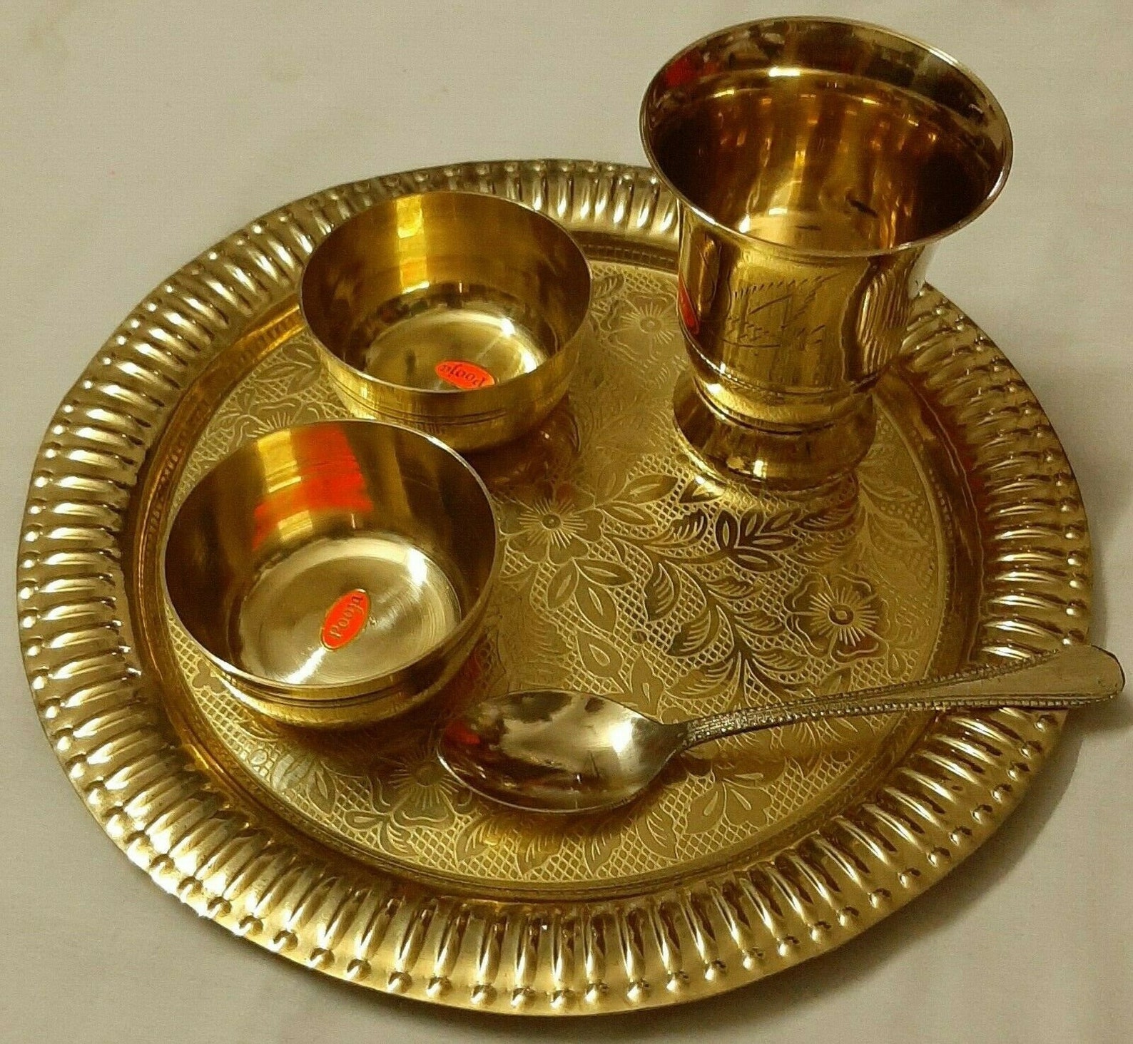 Vintage Brass Thali Plate Bowls Glass Spoon/laddu Gopal Puja - Etsy