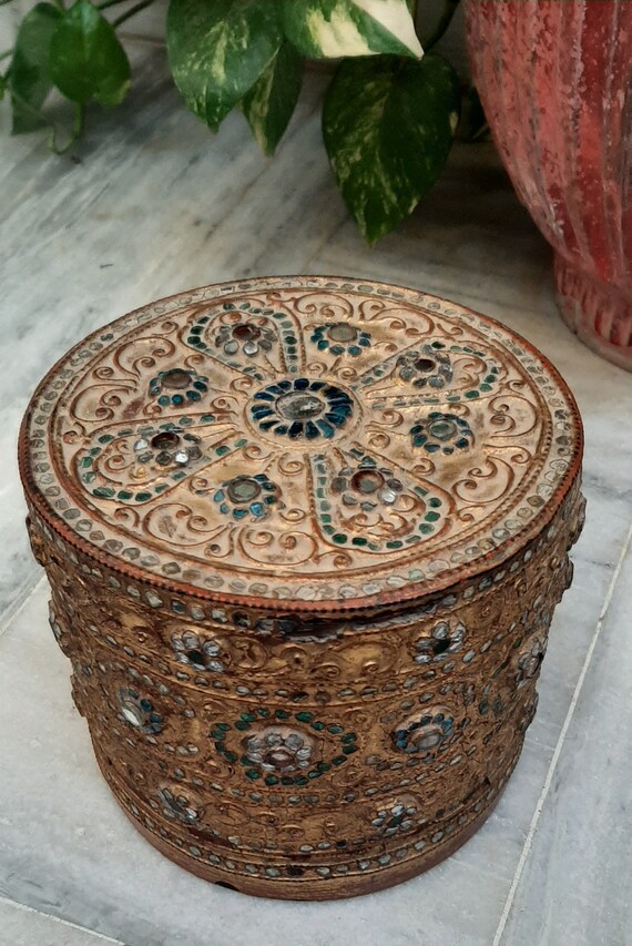 Antique Wooden Box With Real Gold Work/Embossed Tibet… - Gem