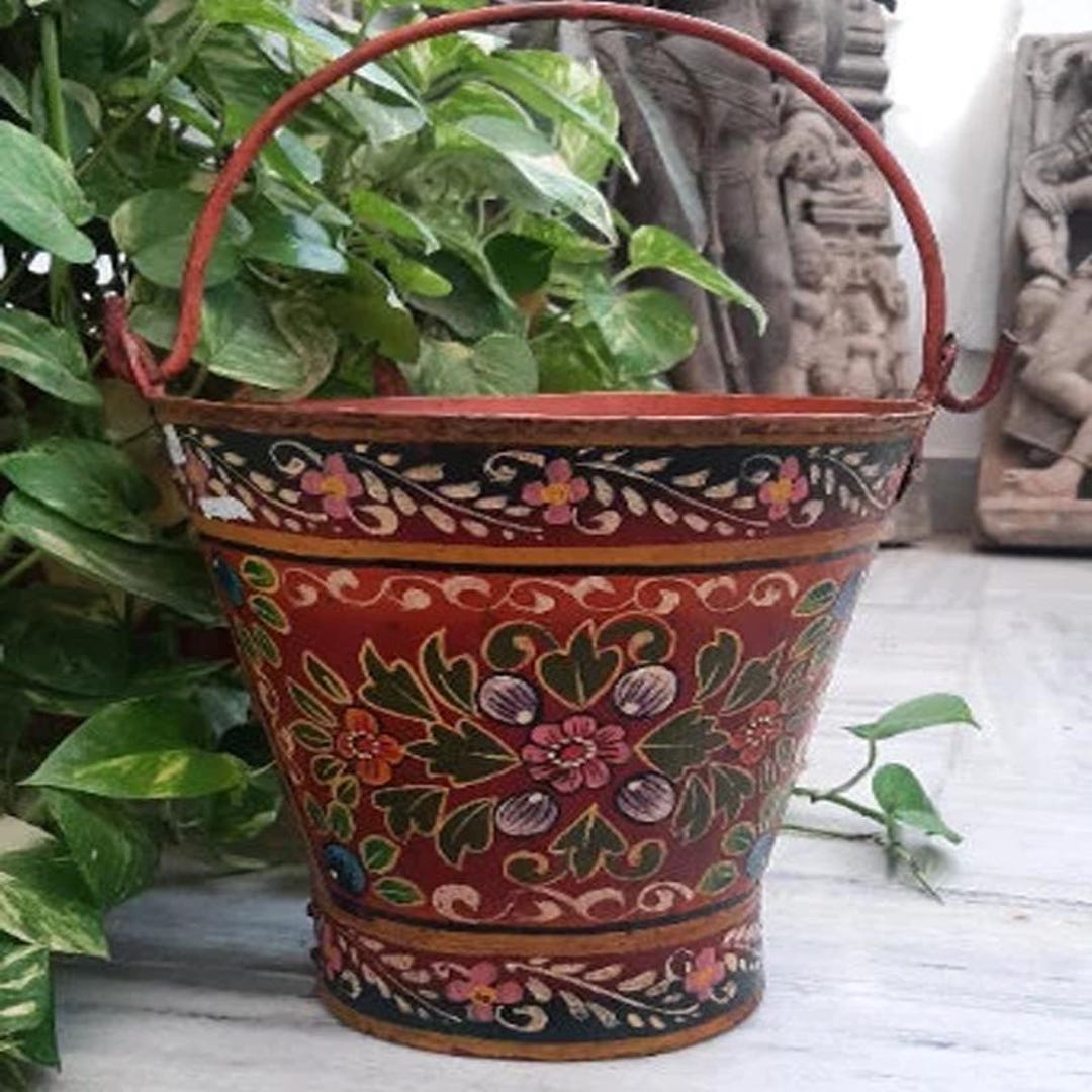 Classic Rustic Metal Bucket/indian Floral Painted Bucket With Handle ...