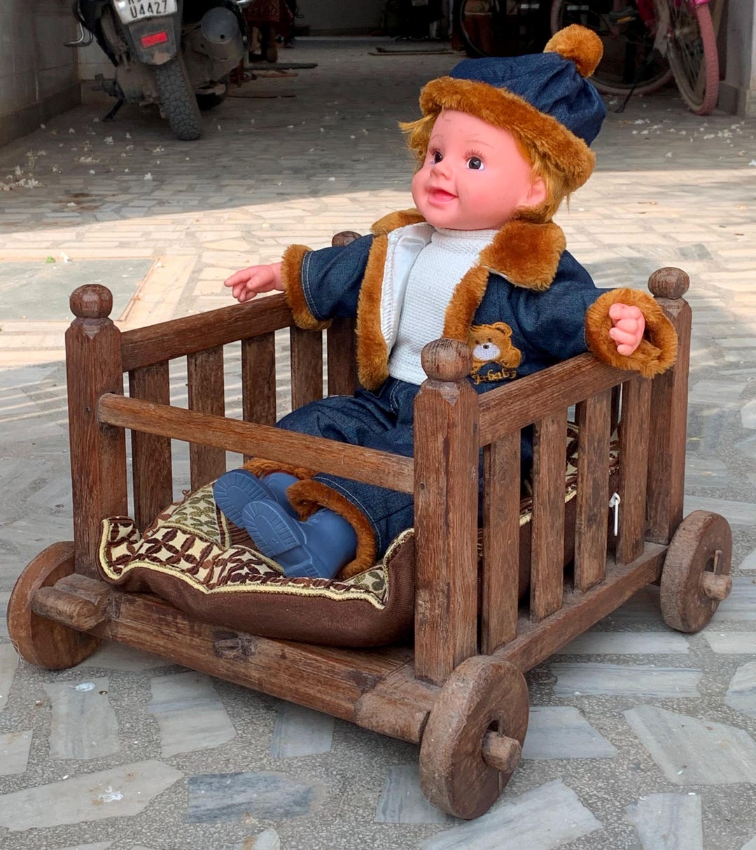 Antique Teak Wood Pram – Vintage Wooden Toy Cart, Baby Cradle - Etsy