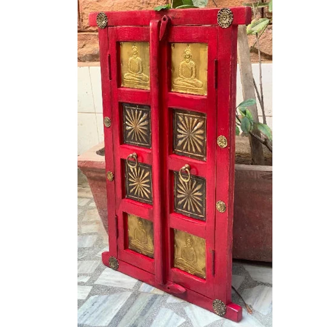 Antique Finish Jharokha Wall Decor/rustic Red Wooden Window/brass ...