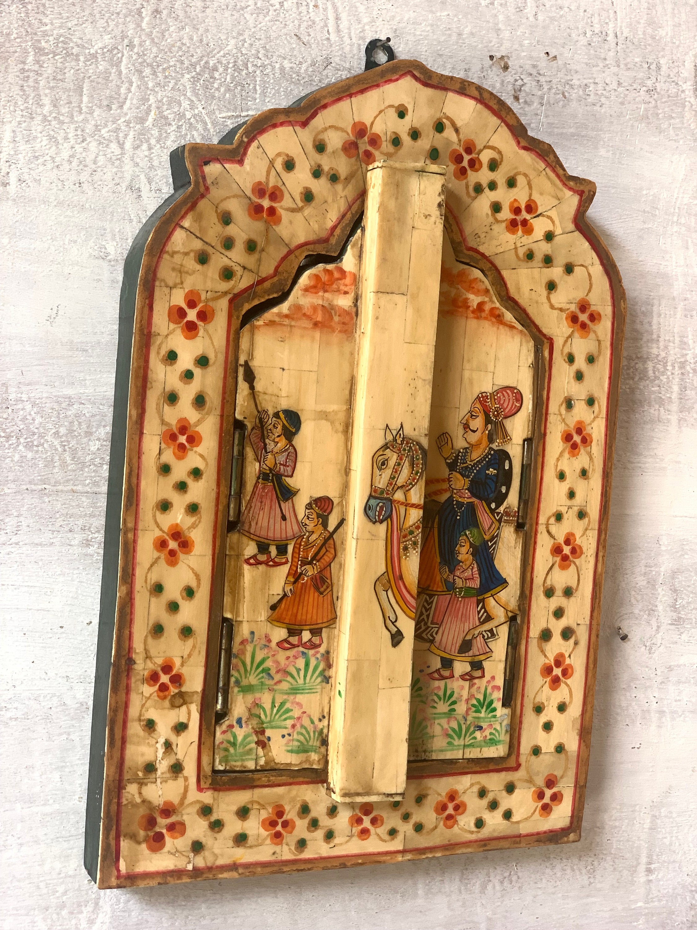 Handmade Carved Wooden Inlay Window: Painted Indian King Decor - Etsy