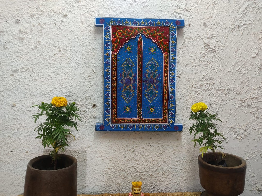 Blue Embossed Indian Jharokha Window: Handmade Painted Wood Wall Decor ...