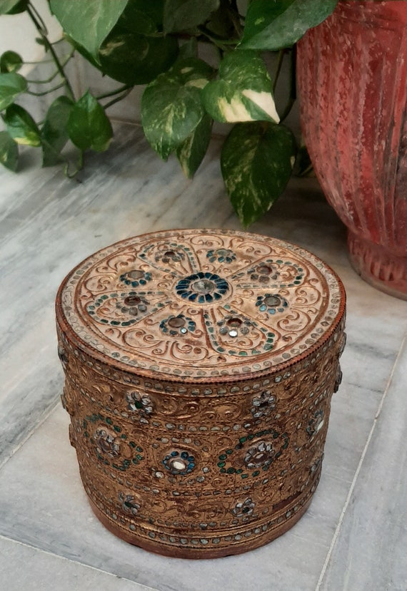 Antique Wooden Box With Real Gold Work/Embossed Tibet… - Gem