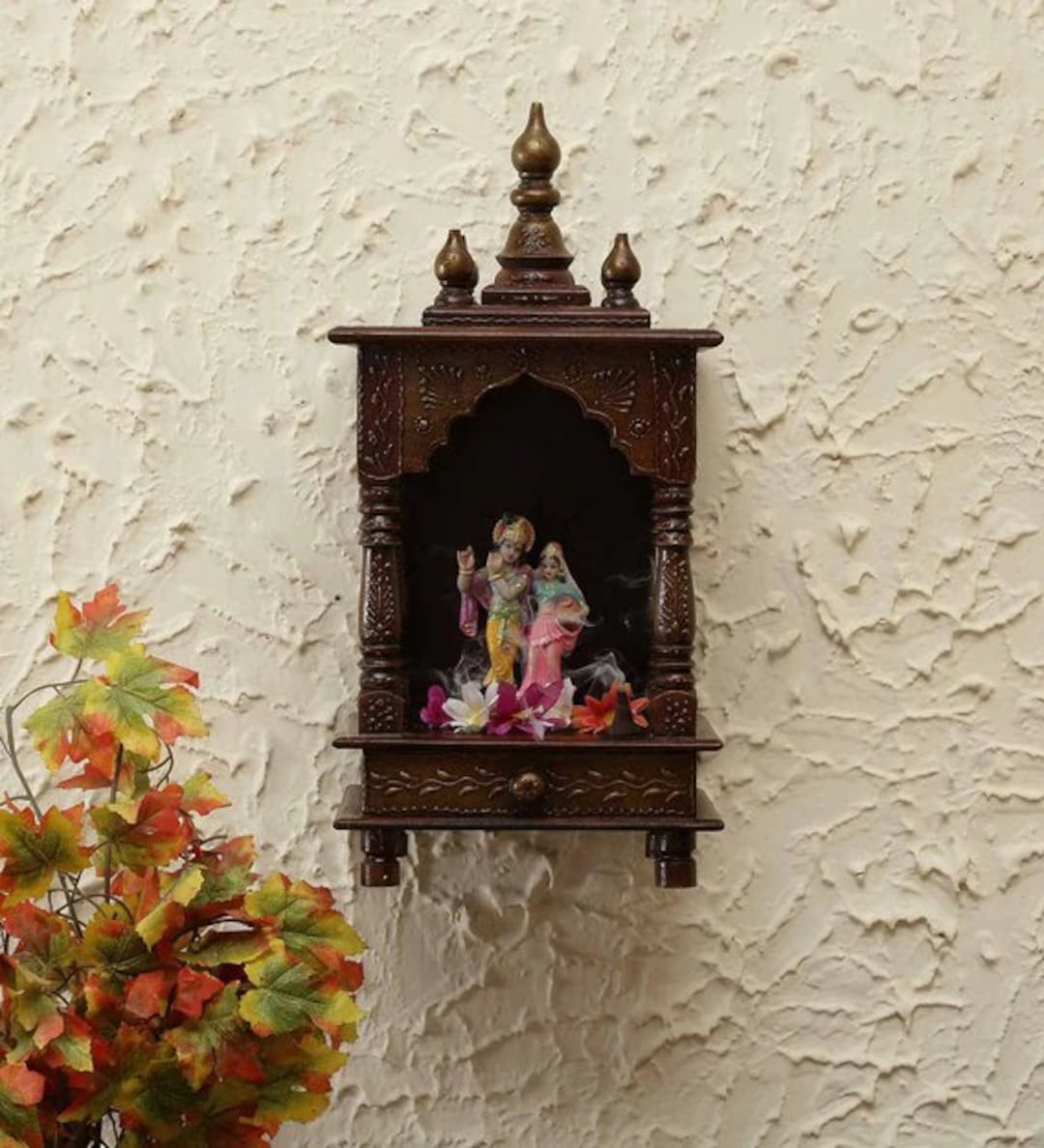 Wooden Temple/hindu Wooden Mandir/wall Hanging Mandap/embossed Painted ...
