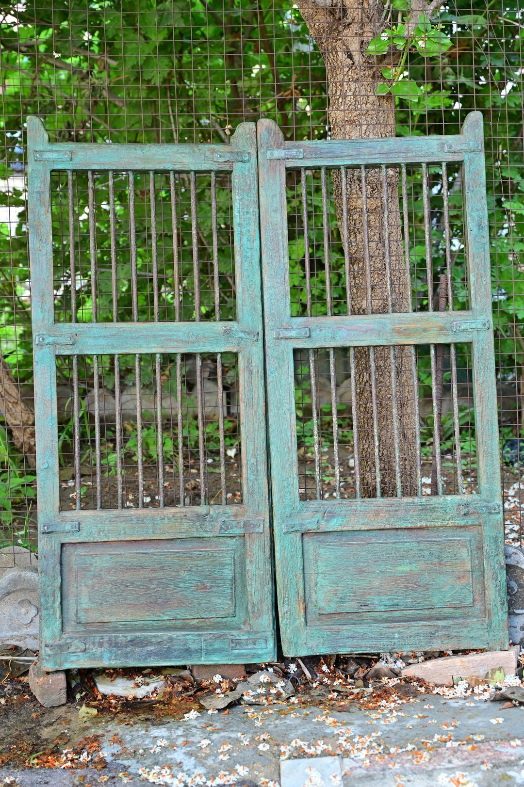 Antique Teak Wood Gate Rustic Indian Pet Barrier Blue Patina Double ...