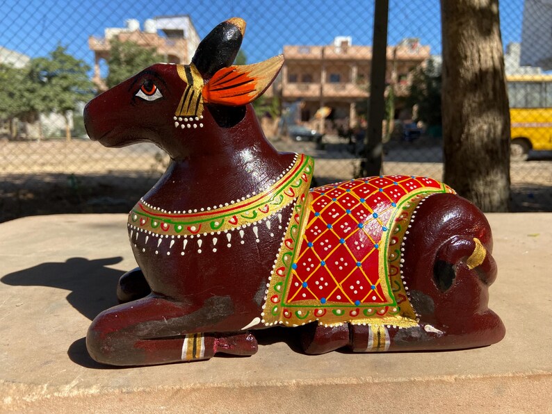 Hand-painted Wooden Nandi Bull Statue: Indian Religious Decor - Etsy