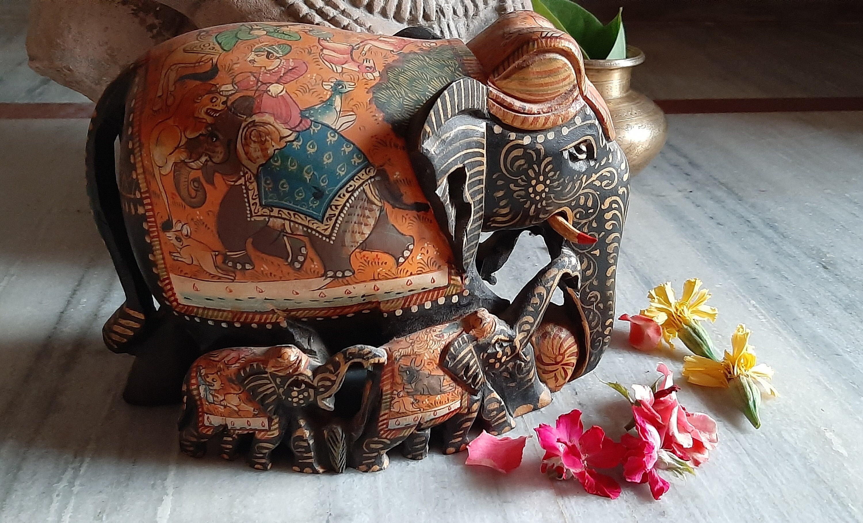 Wooden Elephant Statue/hand Painted Elephant Family - Etsy