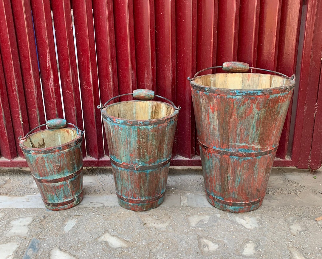 Antique Wooden Bucket Shape With Handle/home Decor/indian Handicraft ...